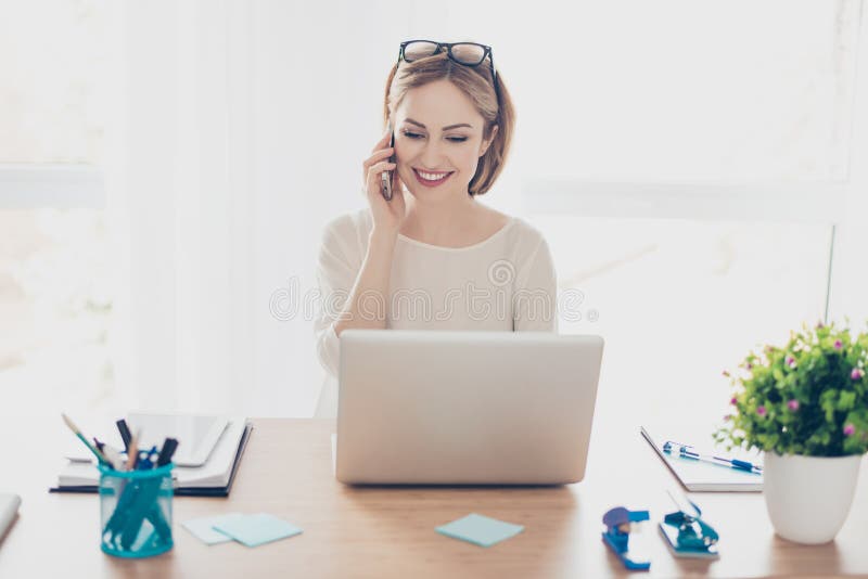 Happy Cute Manager Talking on Mobile Phone with Client Stock Photo ...