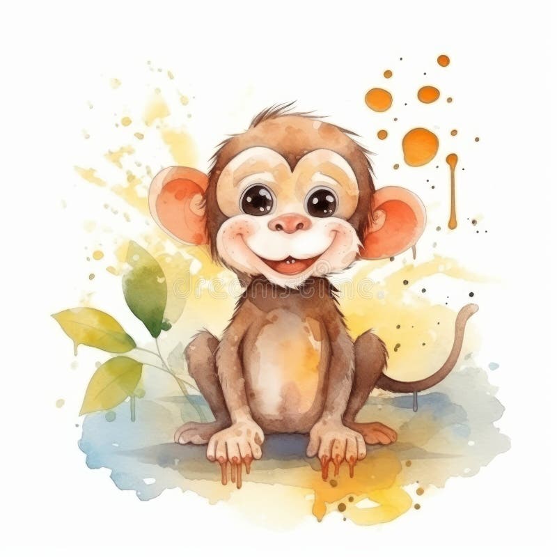 Happy Cute Monkey in Watercolor Stock Illustration - Illustration of ...