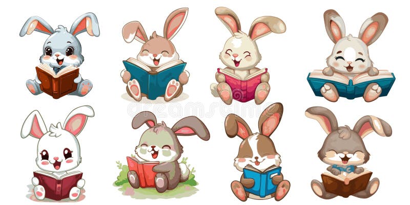 Happy Cute Rabbit Reading Book Fun Vector Graphics Illustration Stock ...