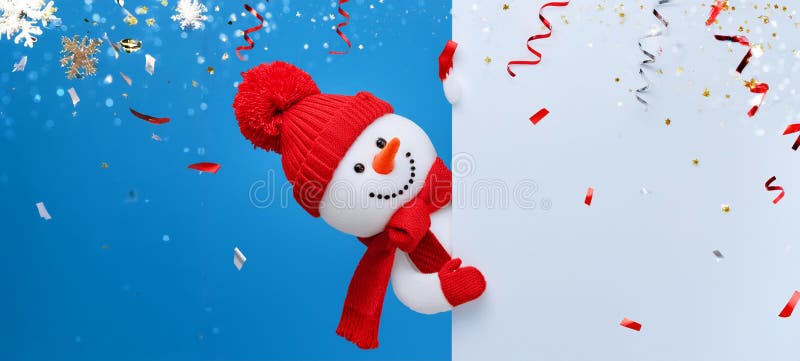 Happy, Cute and Smiling Snowman with Confetti and Blue Sky Background ...