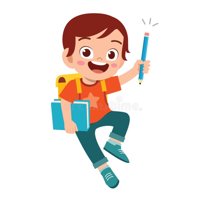 Happy Cute Student Kid Boy with Book and Pencil Stock Vector ...