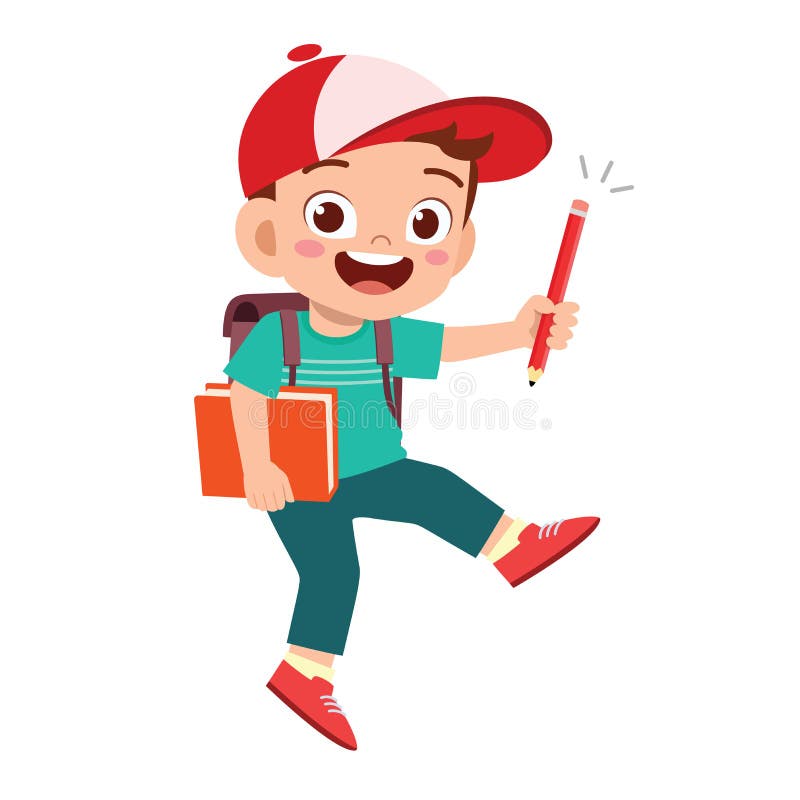 Happy Cute Student Kid Boy with Book and Pencil Stock Vector ...
