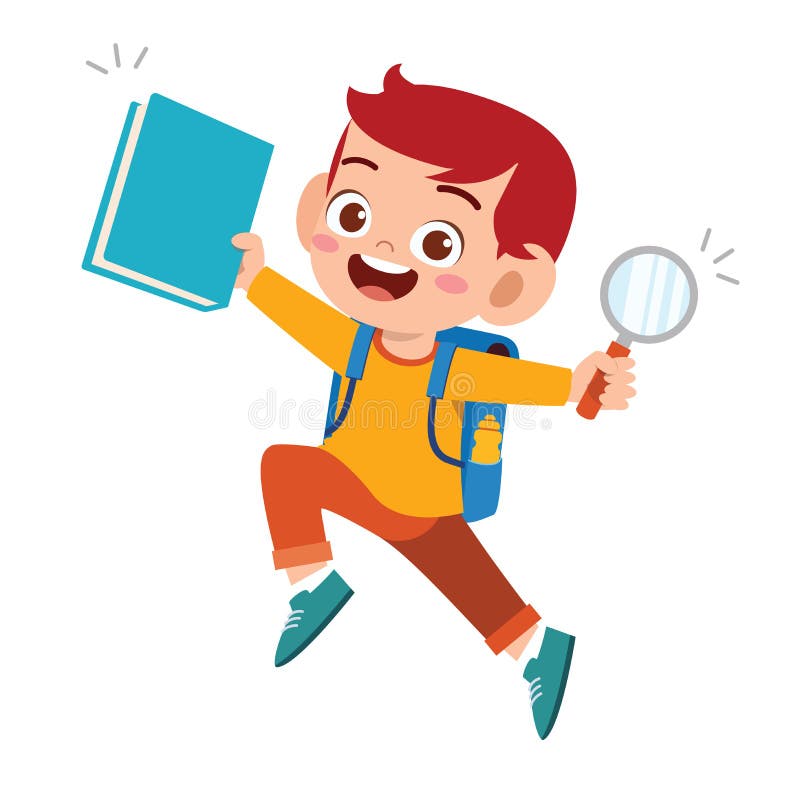 Happy Cute Little Kid Boy with Book and Pencil Stock Vector ...