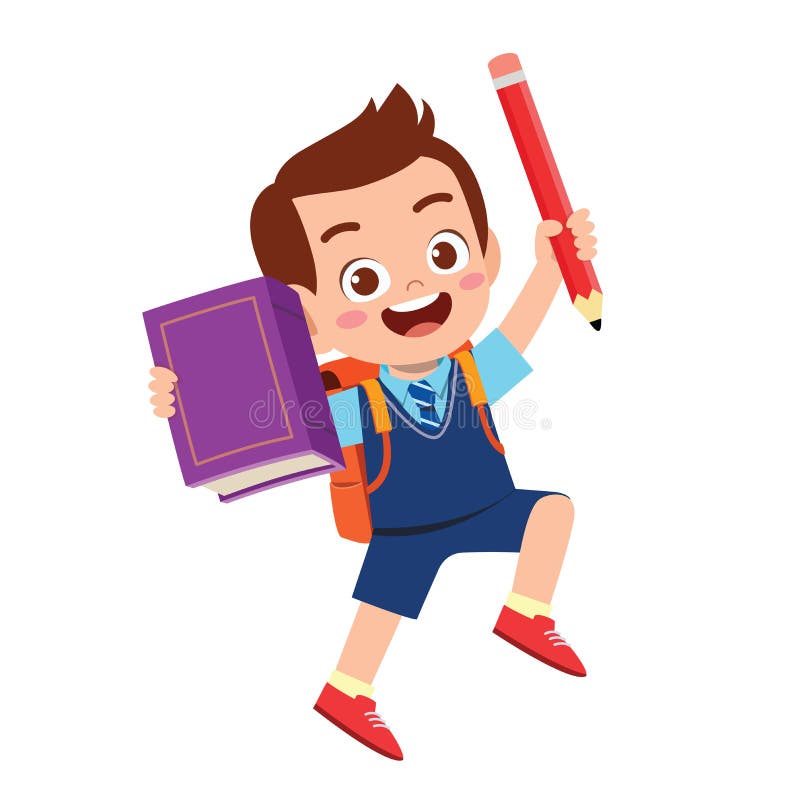 Happy Cute Student Kid Boy with Book and Pencil Stock Vector ...