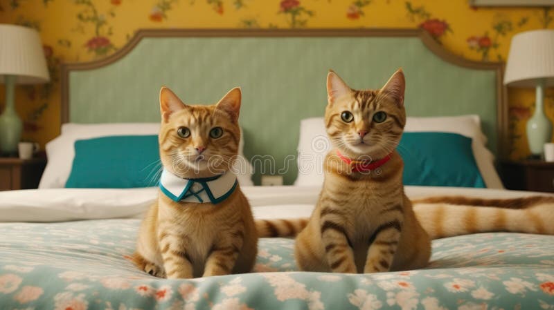 Happy Cute Two Cats with Collars on the Bed. Generative AI Stock ...