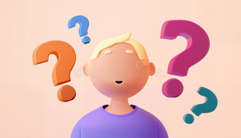 Happy 3D Boy Surrounded by Colorful Question Marks, Pondering, Curious ...