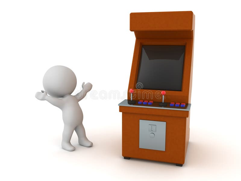 Happy 3D Character with an Arcade Video Game Cabinet Stock Illustration ...