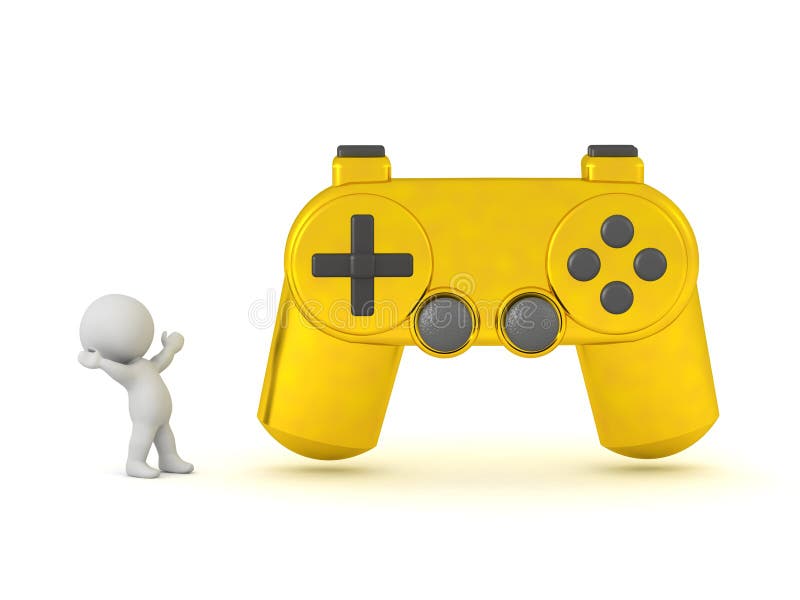Happy 3D Character with a Golden Video Game Controller Stock ...