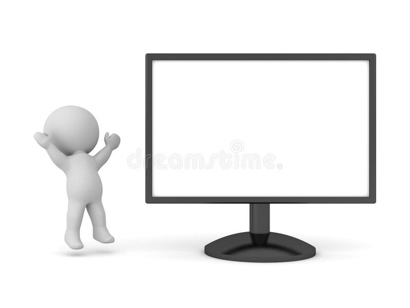 Happy 3D Character with Large Computer Monitor Stock Illustration ...