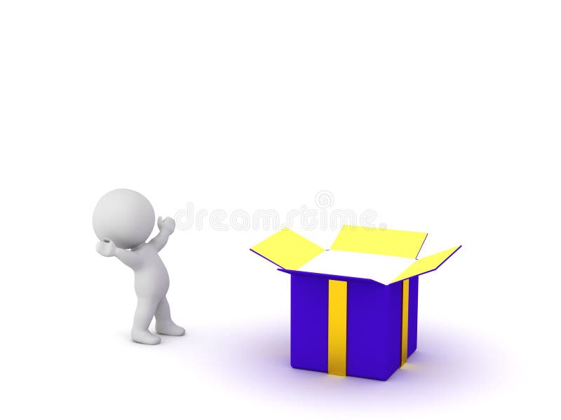 Happy 3D Character with an Open Gift Box Stock Illustration ...