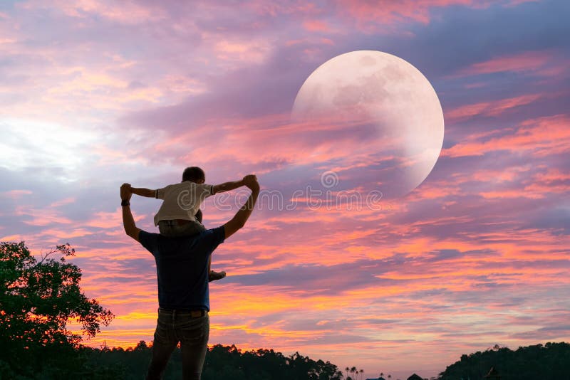 Happy Dad Carrying Son on Shoulders Looking Future Project with the ...