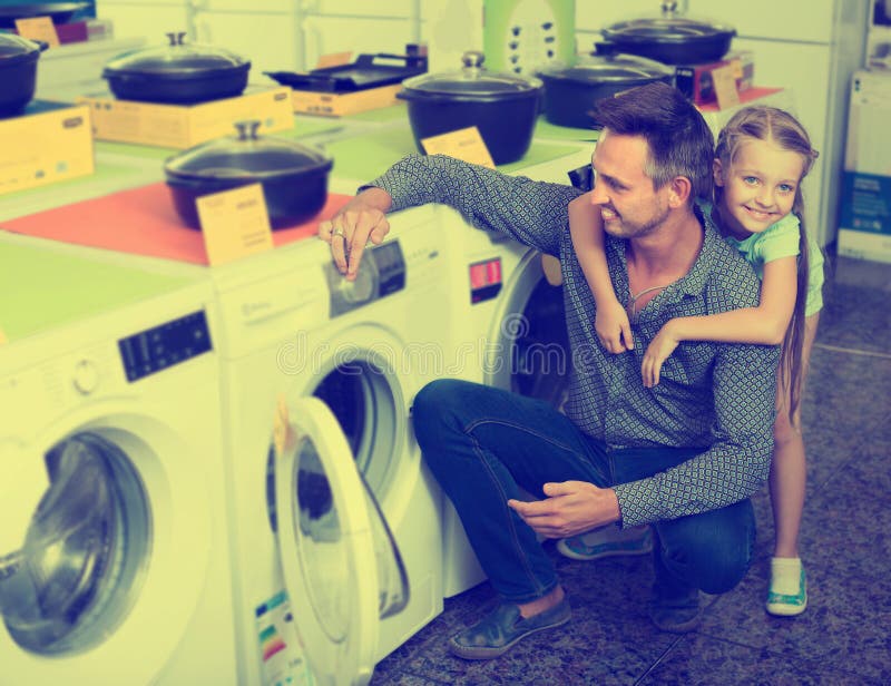 Happy Dad with Daughter in Household Store Stock Photo - Image of ...