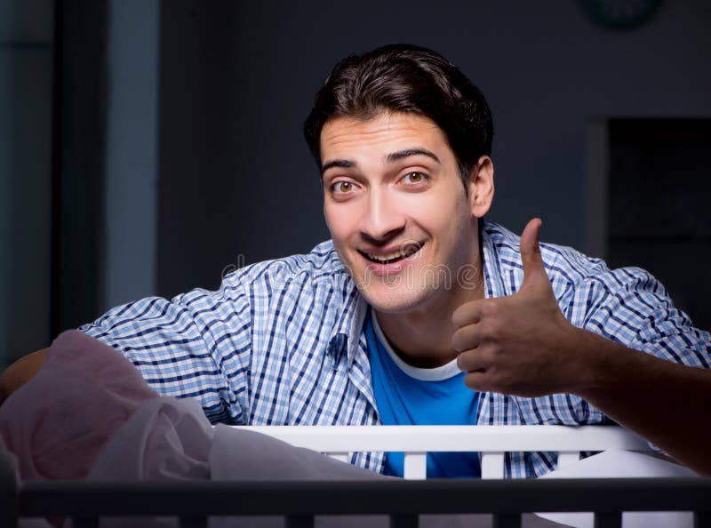 Happy Dad Looking after Newborn Baby at Night Stock Image - Image of ...