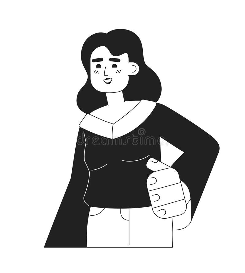 Happy Dark Haired Girl With Smile Monochromatic Flat Vector Character