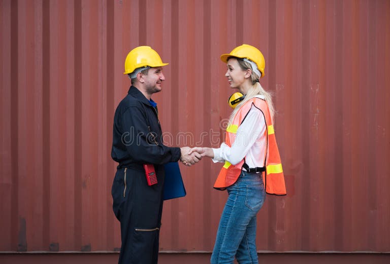 Happy Dealing Shaking Hands Two Foreman Man & Woman Worker Working ...