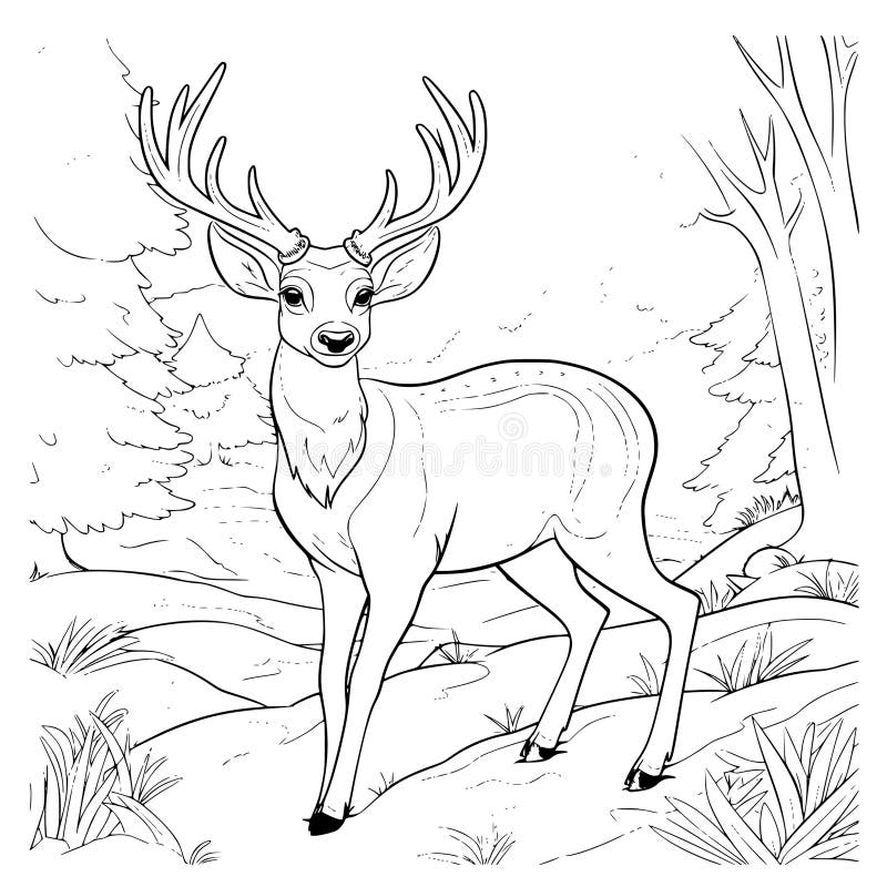Happy Deer Coloring Page Drawing for Kids Stock Vector - Illustration ...