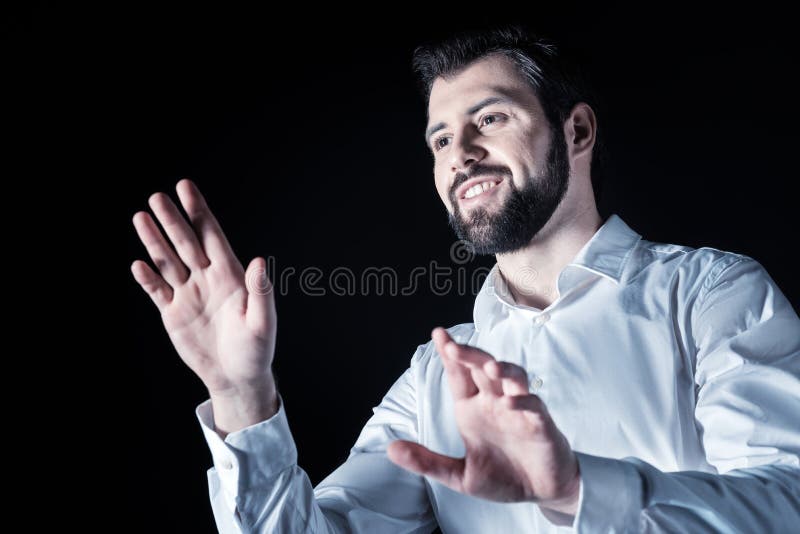 Happy Delighted Man Using Transparent Screen Stock Photo - Image of ...