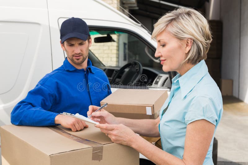 Happy Delivery Man with Customer Stock Image - Image of adult ...