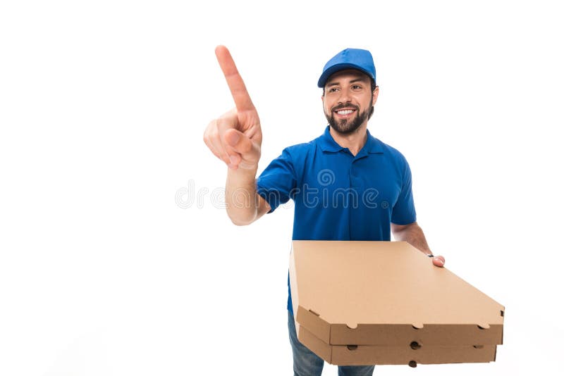 Happy Delivery Man Holding Boxes with Pizza and Pointing with Finger ...