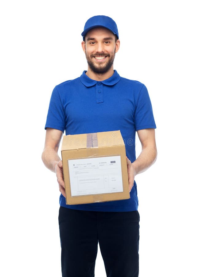 Happy Delivery Man with Parcel Box Stock Photo - Image of beard, male ...