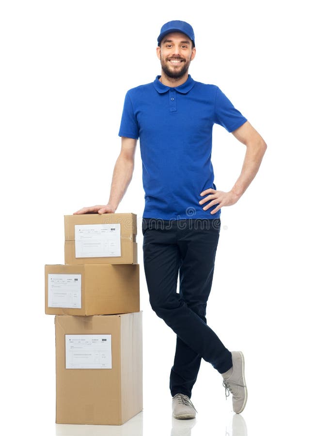 Happy Delivery Man with Parcel Box Stock Image - Image of postal ...