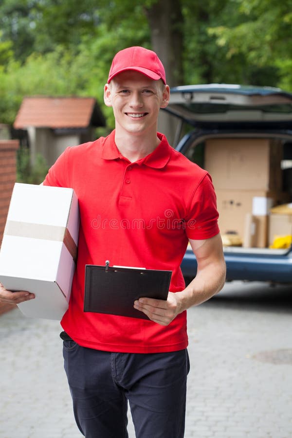 Happy Delivery Service Hipster Courier Giving Cardboard Box with Pizza ...