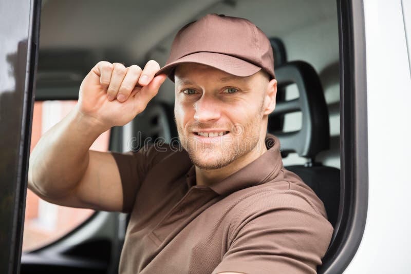 Happy Delivery Man Sitting Inside Van Stock Image - Image of adult ...