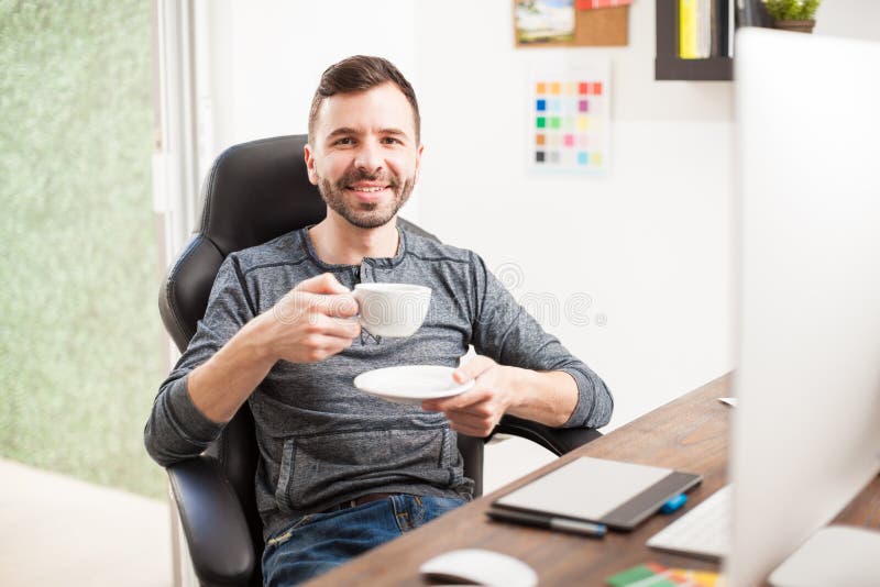 Happy Designer Drinking Coffee at Work Stock Photo - Image of drawing ...