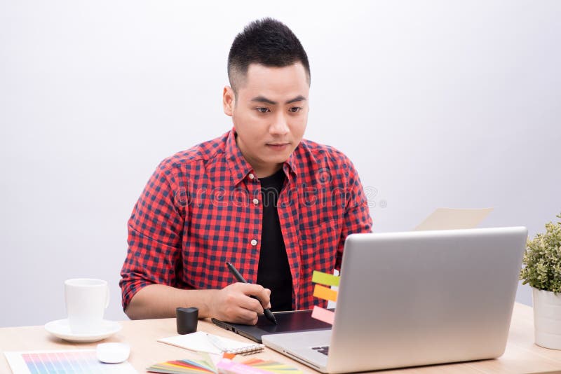 Creative Designer Workplace with Desktop Computer, Stylus and Ta Stock ...