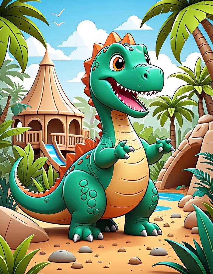 Happy Dinosaur in Tropical Paradise Stock Illustration - Illustration ...