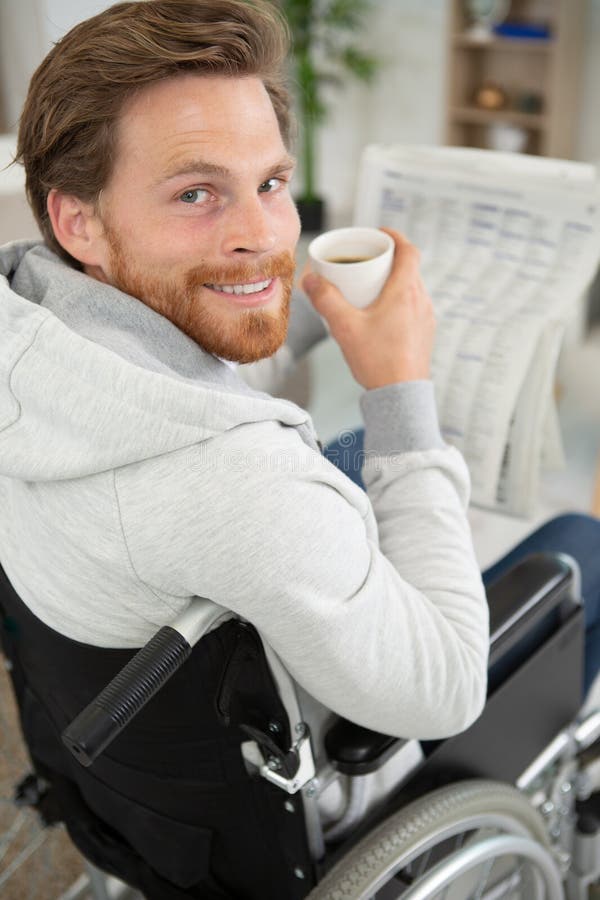 Happy Disable Man Having Coffee Indoors Stock Image - Image of person ...