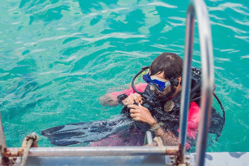 Happy Diver Returns To the Ship after Diving Stock Image - Image of ...