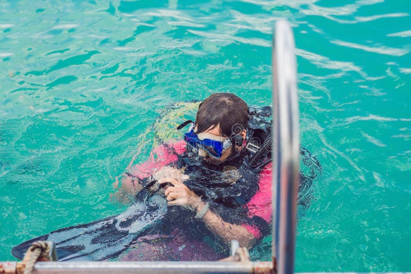 Happy Diver Returns To the Ship after Diving Stock Image - Image of ...