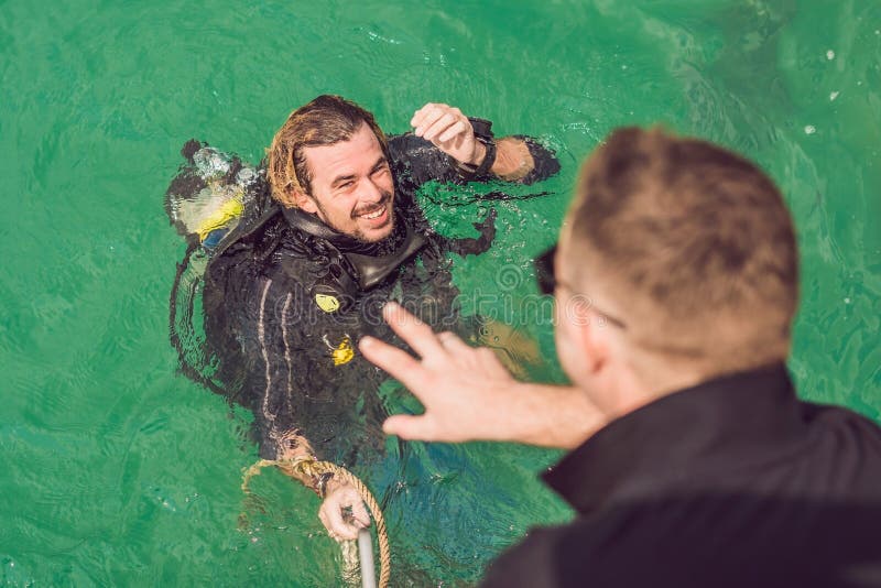 Happy Diver Returns To the Ship after Diving Stock Image - Image of ...