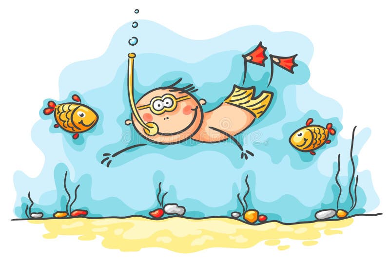 Happy Diver Swimming Underwater with Fishes Stock Vector - Illustration ...