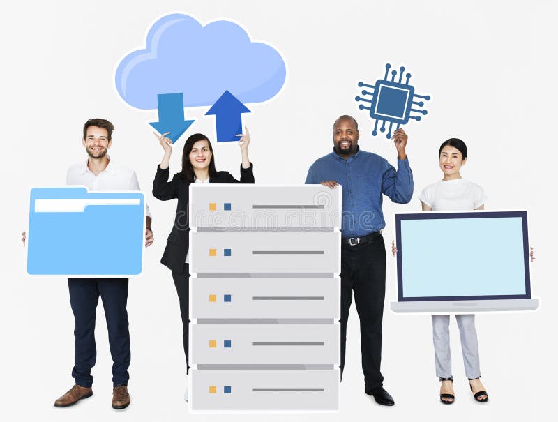 Happy Diverse Business People Holding Office Technology Icons Stock ...