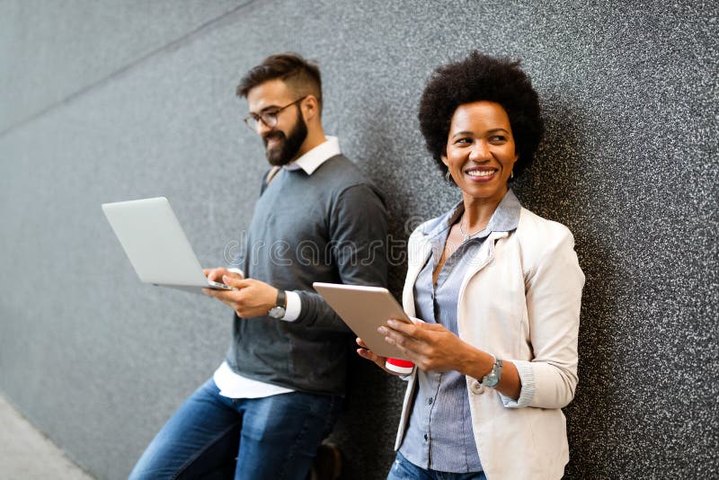 Happy Busy People Using Technology Devices Outdoor in City Stock Photo ...