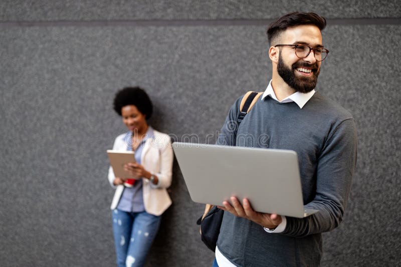 Happy Busy People Using Technology Devices Outdoor in City Stock Photo ...