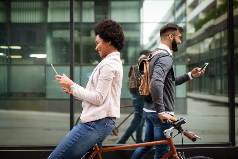 Happy Busy People Using Technology Devices Outdoor in City Stock Image ...