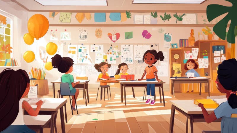 Happy Diverse Elementary School Girls Learning and Collaborating in a ...