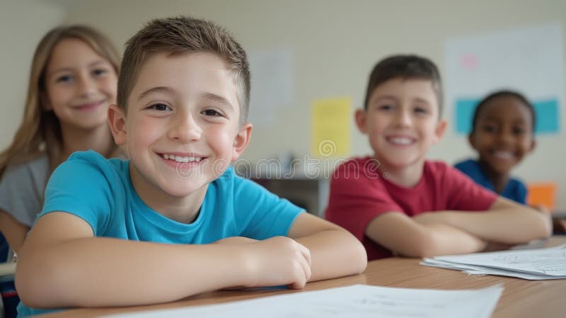 Happy Diverse Elementary School Kids Classroom Learning Stock ...