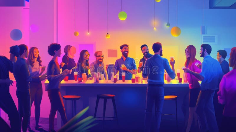 Happy Diverse People Socializing at a Vibrant Bar Stock Illustration ...