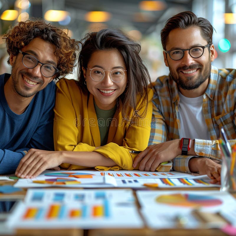 Happy Diverse Team Collaborating on Charts in a Modern Office Stock ...