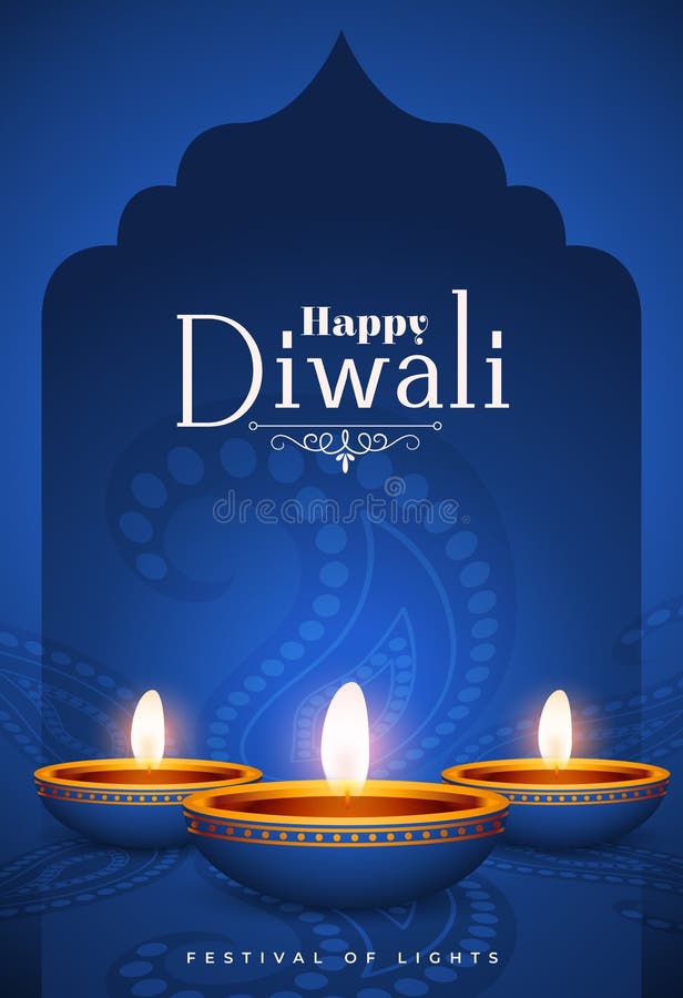 Happy Diwali Celebration Blue Poster with Realistic Diya Stock Vector ...