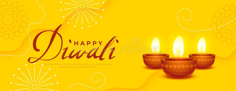 Happy Diwali Greeting Yellow Banner with Glowing Diya Stock Vector ...