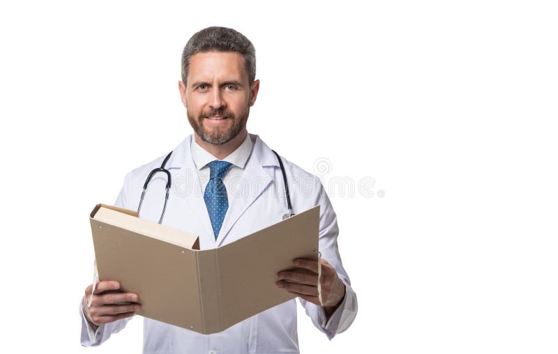 Happy Doctor with Folder. Doctor Isolated on White. Doctor Read Medical ...