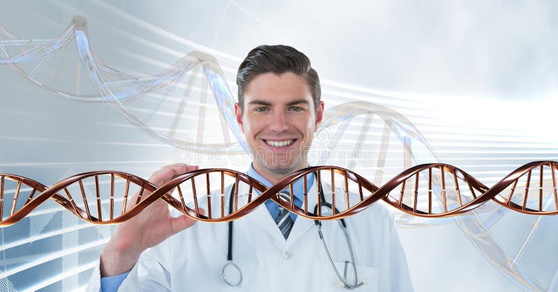 Happy Doctor Man with 3D DNA Strand Stock Photo - Image of expertise ...
