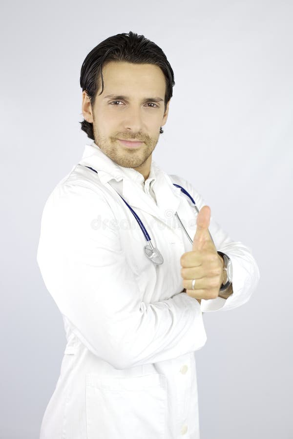 Happy Doctor with One Thumb Up Stock Photo - Image of laptop, computer ...
