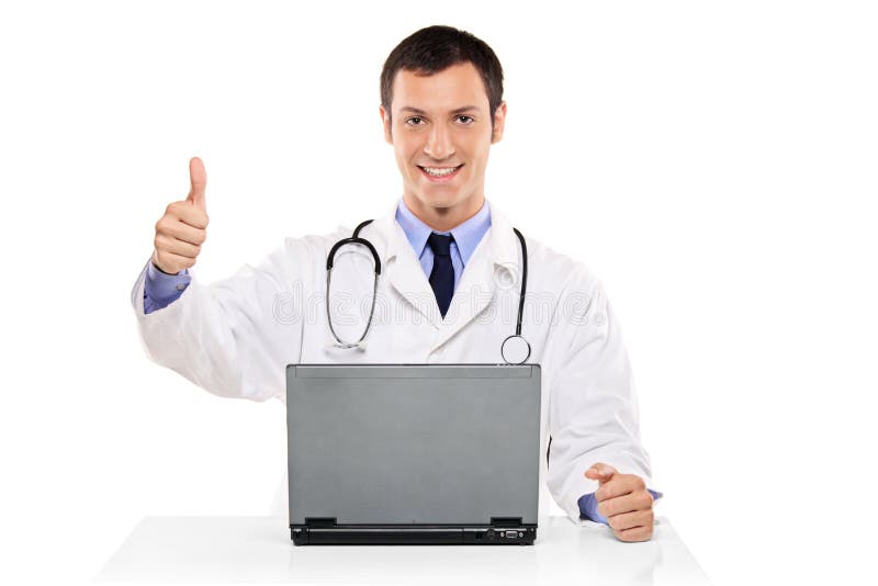 Male Doctor or Nurse Seated with Laptop Computer Stock Image - Image of ...