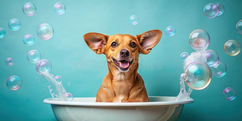 Happy Dog in a Bubbly Bath, Enjoying a Refreshing Cleanse. Generative ...